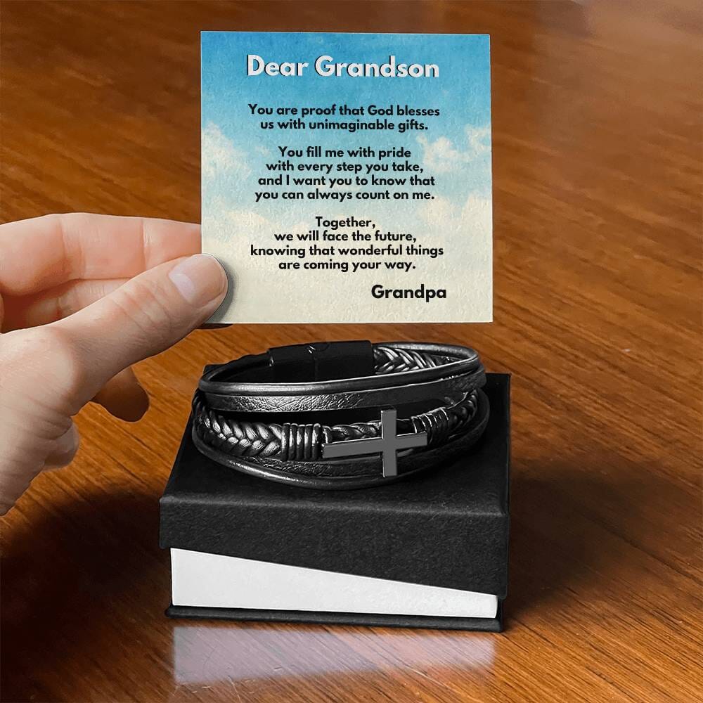 Eternal Bond: Grandson's Cross Leather Bracelet with Personalized Bles ...